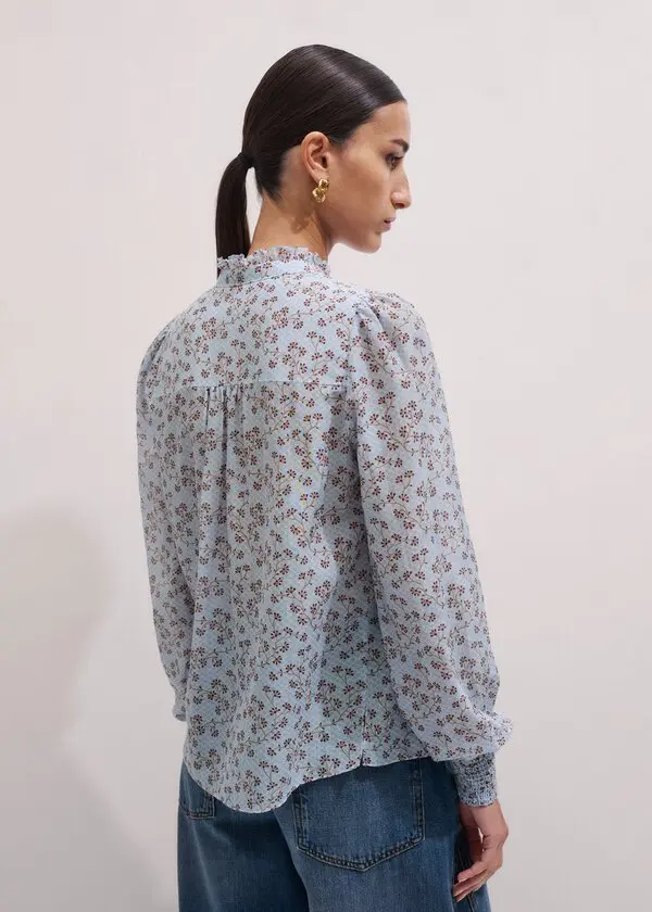 ME+EM Scallop Daisy Print Trim Detail Blouse With Tie - Blue Multi