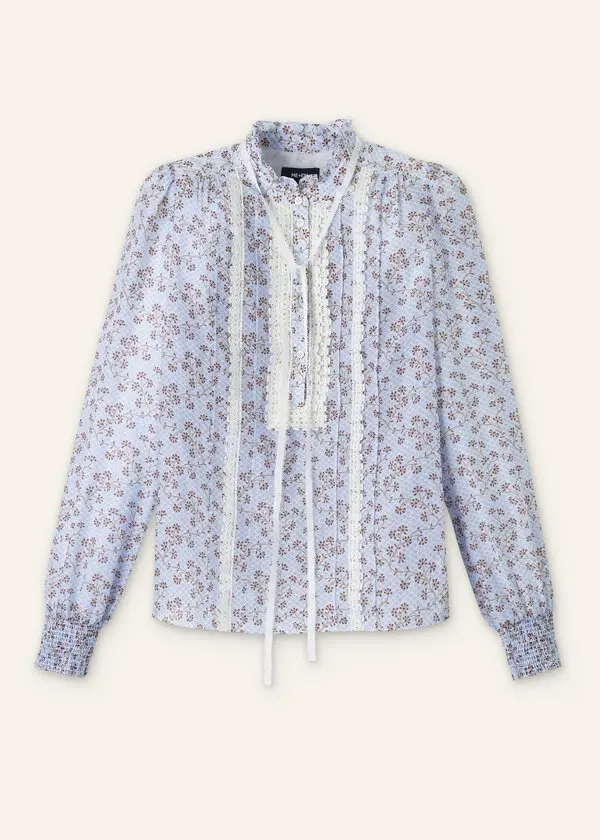 ME+EM Scallop Daisy Print Trim Detail Blouse With Tie - Blue Multi