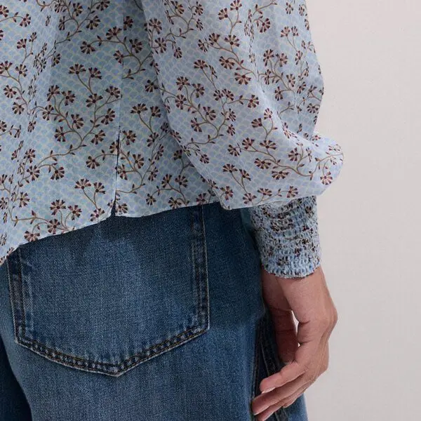 ME+EM Scallop Daisy Print Trim Detail Blouse With Tie - Blue Multi