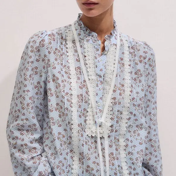 ME+EM Scallop Daisy Print Trim Detail Blouse With Tie - Blue Multi