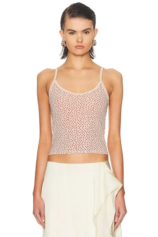 R13 Square Neck Ties Cami Top - Red Mini Polka Dot On Tan