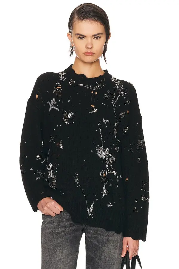 R13 Distressed Oversized Crystal Pin Sweater - Black