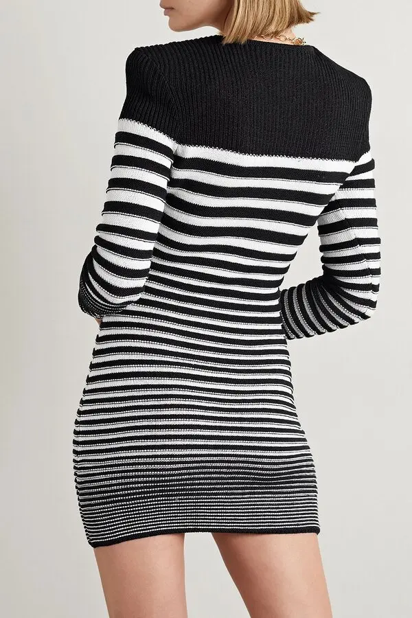 Balmain Button-embellished Striped Ribbed Mini Dress