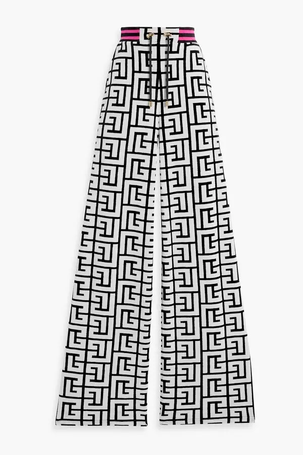 Balmain Jacquard-knit Wool-blend Wide-leg Pants - Black