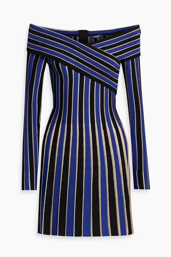Balmain Off-the-shoulder Metallic Striped Mini Dress - Cobalt Blue