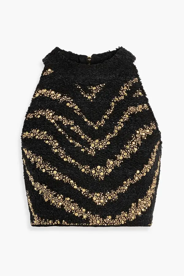 Balmain Cropped Studded Bouclé-tweed Top