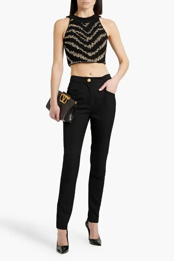 Balmain Cropped Studded Bouclé-tweed Top