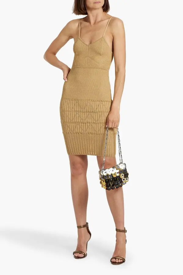Balmain Ribbed And Pointelle-knit Mini Dress - Gold