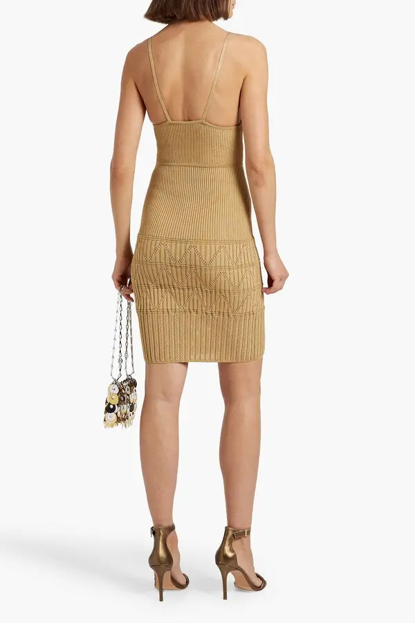 Balmain Ribbed And Pointelle-knit Mini Dress - Gold