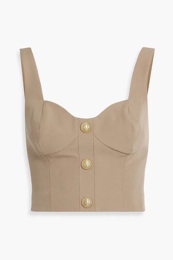 Balmain Cropped Grain De Poudre Wool Bustier Top - Taupe