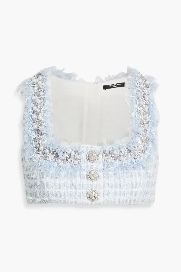 Balmain Cropped Embellished Tweed Top