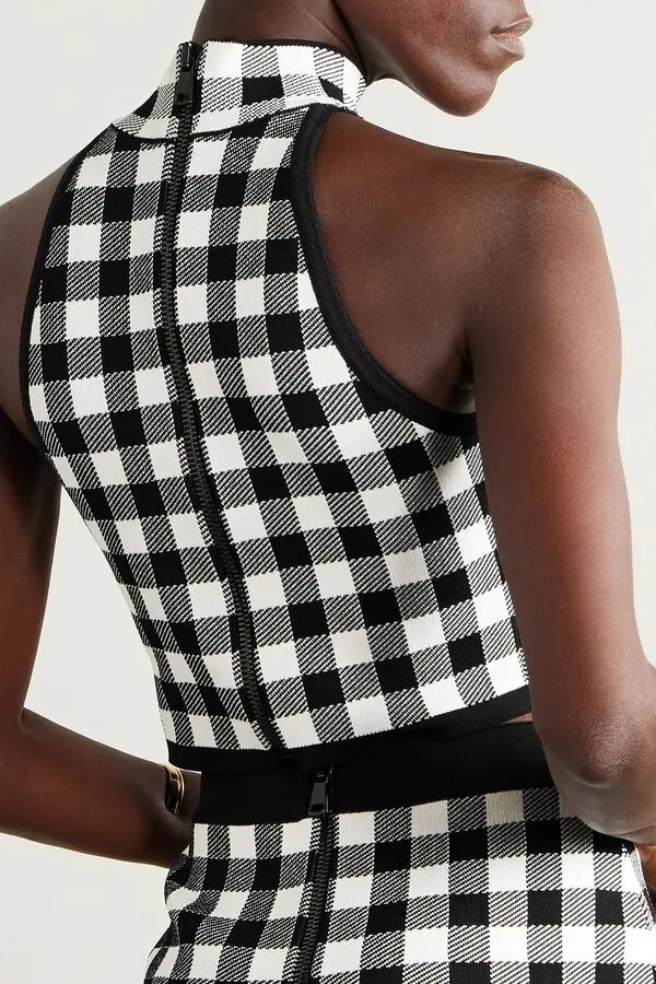 Balmain Cropped Gingham Knitted Top - Black