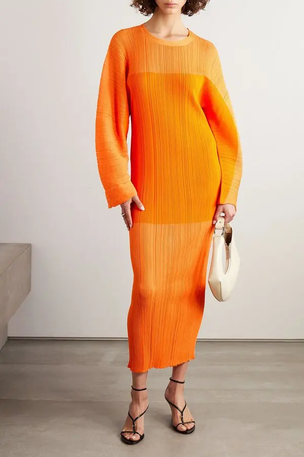 Stella McCartney Plissé-knit Midi Dress - Bright Orange