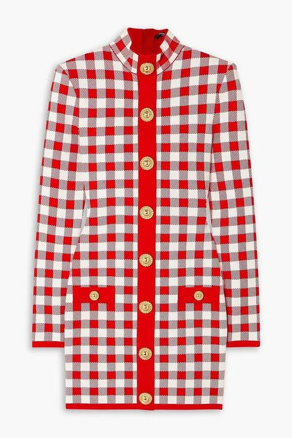 Balmain Button-embellished Gingham Jacquard-knit Mini Dress - Red