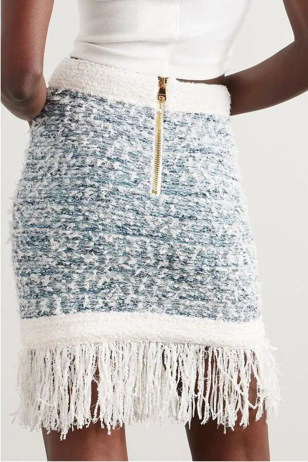 Balmain Frayed Tweed Mini Skirt With Button Embellishments