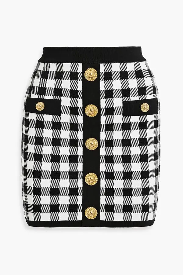 Balmain Gingham Jacquard-knit Mini Skirt With Button Embellishments - Black