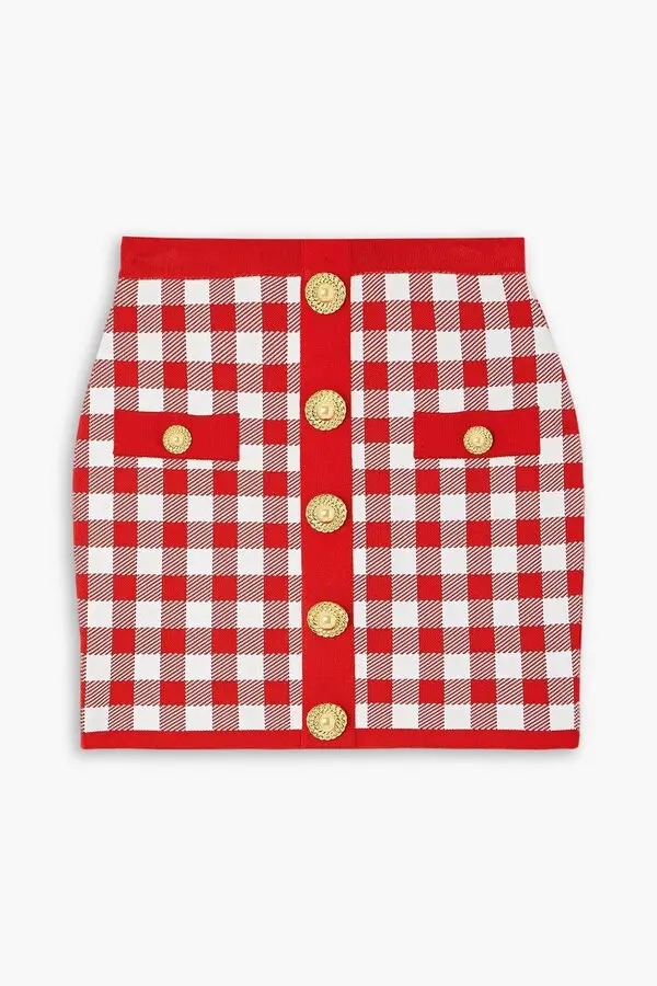 Balmain Gingham Jacquard-knit Mini Skirt With Button Embellishments