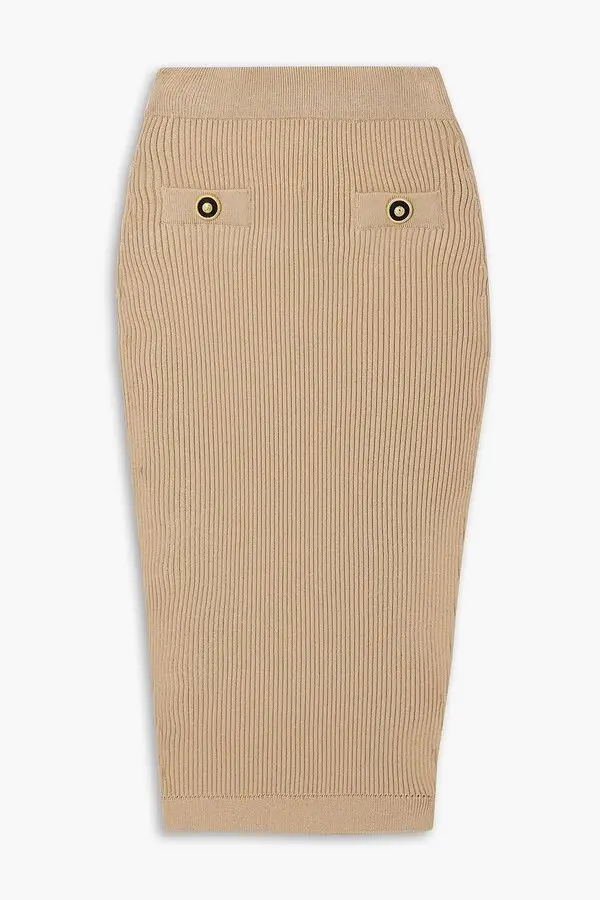 Balmain Button-embellished Ribbed-knit Midi Skirt - Sand