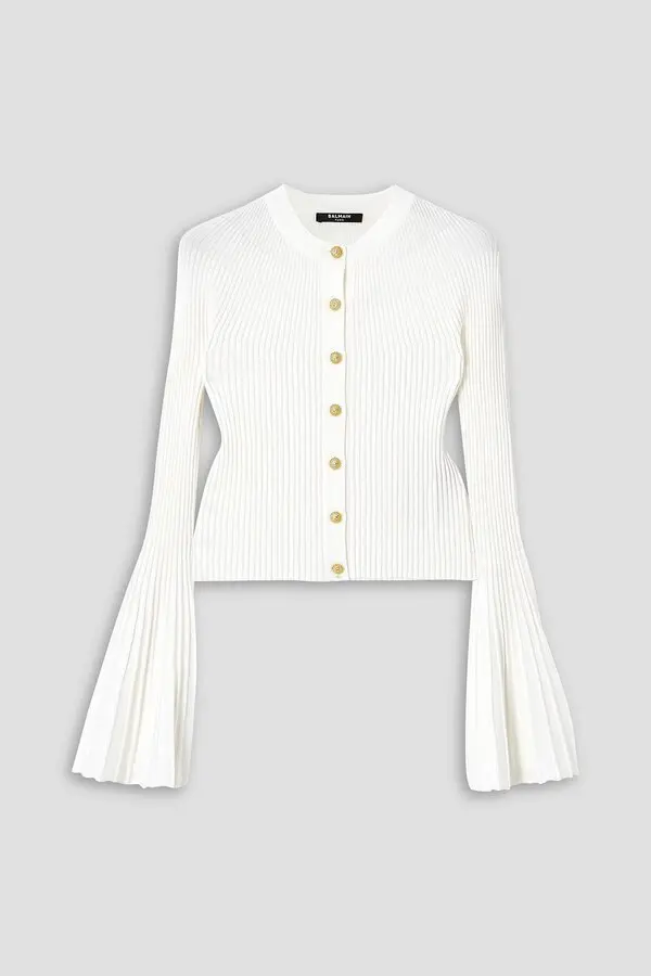 Balmain Pleated Ribbed-knit Cardigan - White