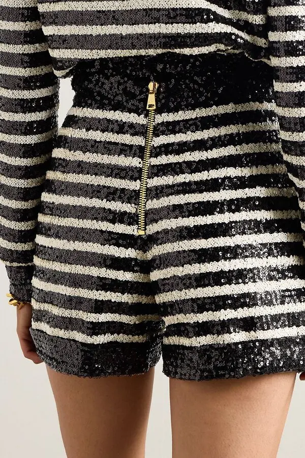 Balmain Embellished Striped Cady Shorts