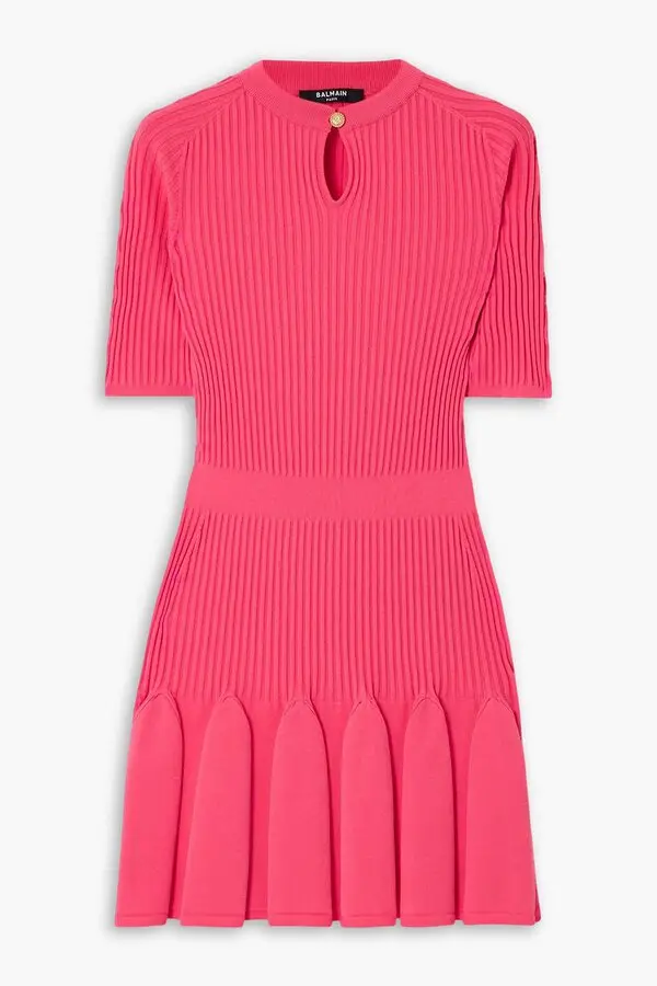 Balmain Pleated Ribbed-knit Mini Dress