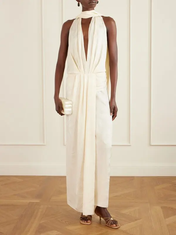 Johanna Ortiz Tasseled Satin-Jacquard Halterneck Maxi Dress - Ecru |  Editorialist