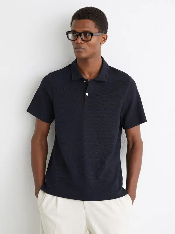 REISS Kennedy Textured Half-button Polo Shirt - Navy