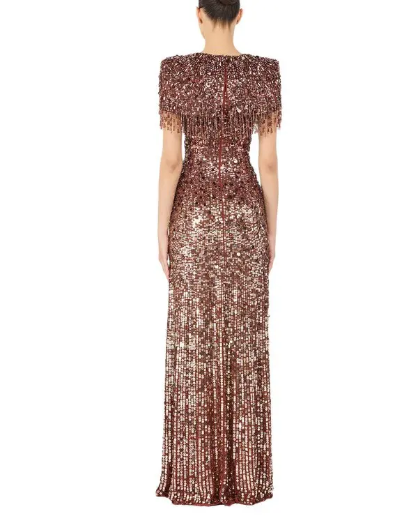 Jenny Packham Eugenie Sequin Fringed Maxi Dress - Bronze