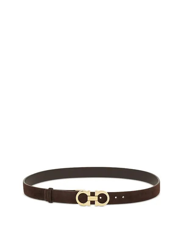 FERRAGAMO Double Gancini Leather & Suede Reversible Belt - Testa Di Moro