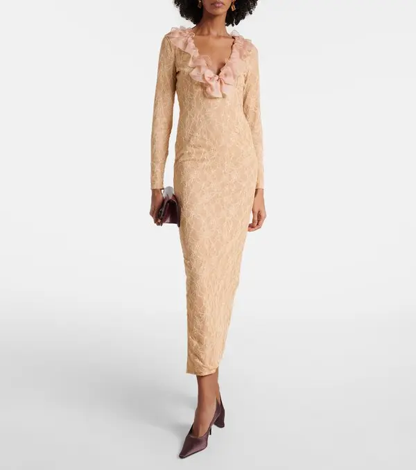 Alessandra Rich Ruffled Lace Midi Dress - Pink