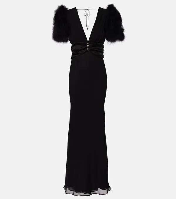 Alessandra Rich Feather-trimmed Silk Georgette Gown