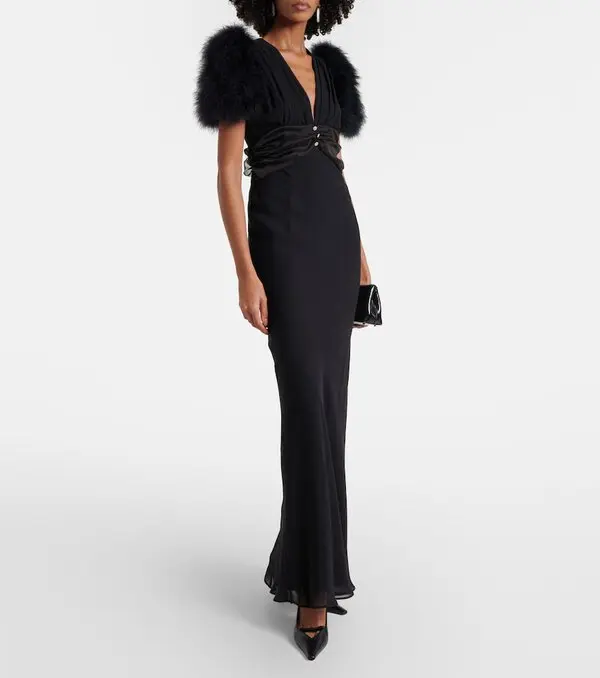 Alessandra Rich Feather-trimmed Silk Georgette Gown