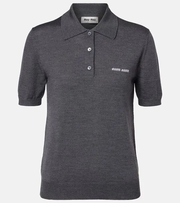 Miu Miu Logo Wool Polo Sweater - Grey
