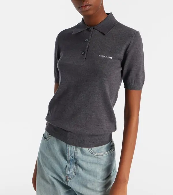 Miu Miu Logo Wool Polo Sweater - Grey