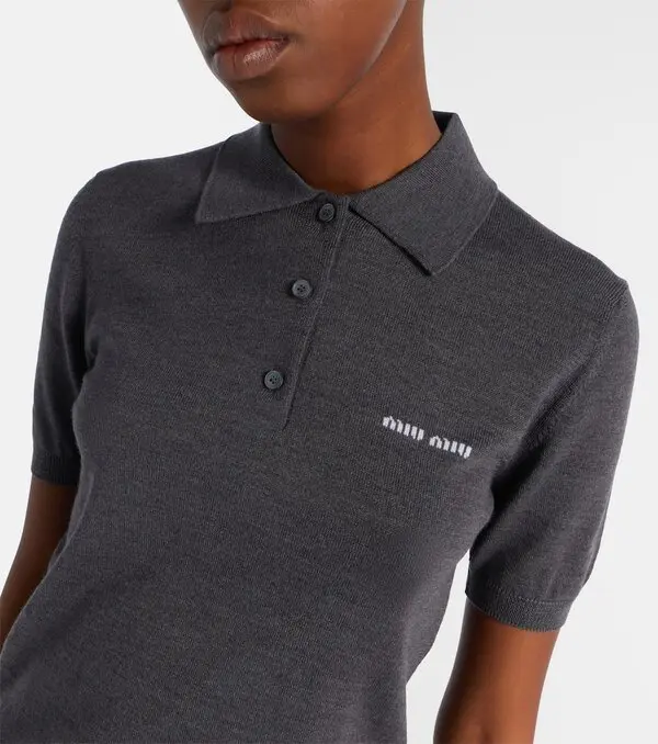 Miu Miu Logo Wool Polo Sweater - Grey