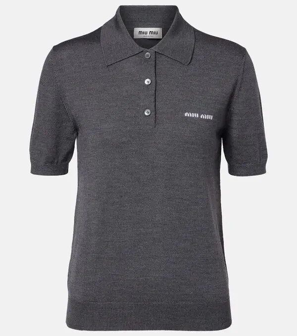 Miu Miu Logo Wool Polo Sweater - Grey