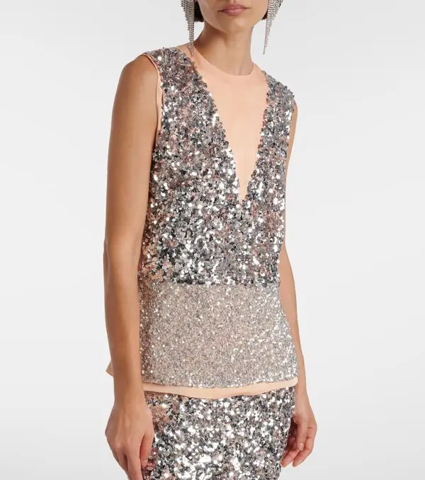 Rabanne Sequined Jersey Top - Silver