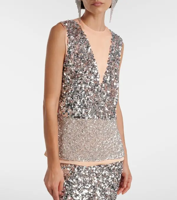 Rabanne Sequined Jersey Top - Silver
