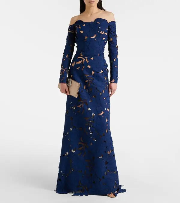 Costarellos Off-shoulder Guipure Lace Gown - Blue