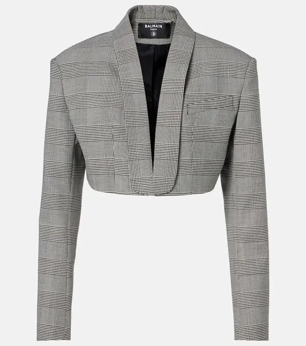 Balmain Houndstooth Cropped Wool-blend Blazer - Black