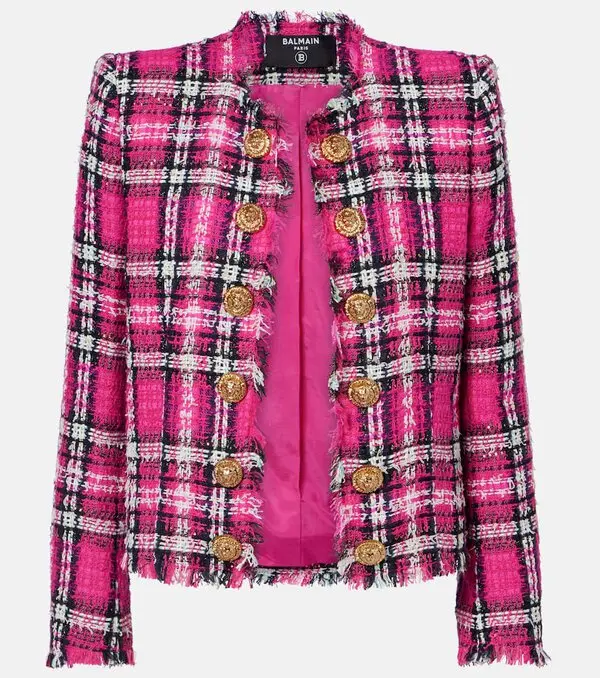 Balmain Checked Cotton And Wool-blend Tweed Jacket - Pink