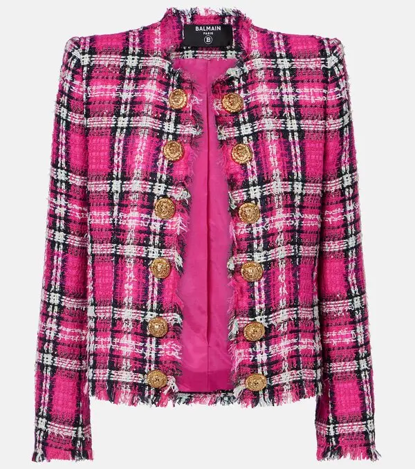 Balmain Checked Cotton And Wool-blend Tweed Jacket - Pink