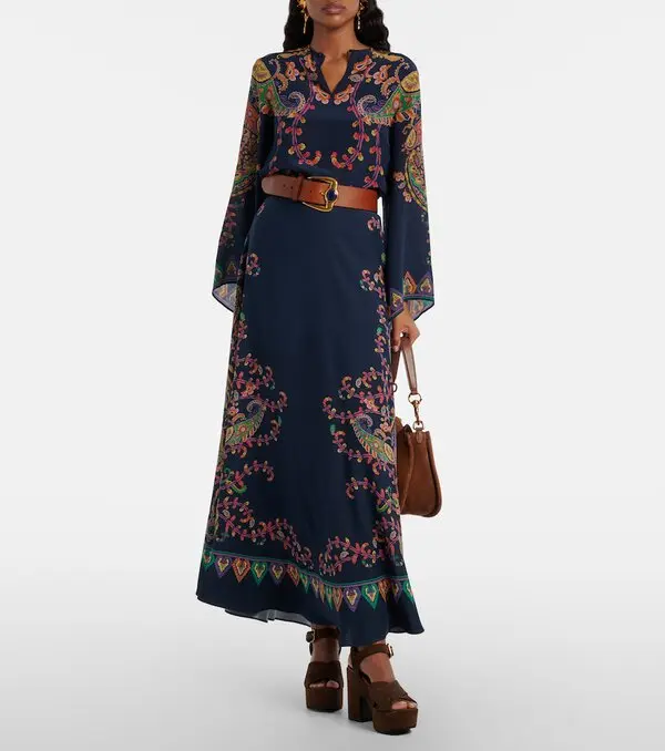 Etro Paisley Printed Silk Maxi Skirt - Blue