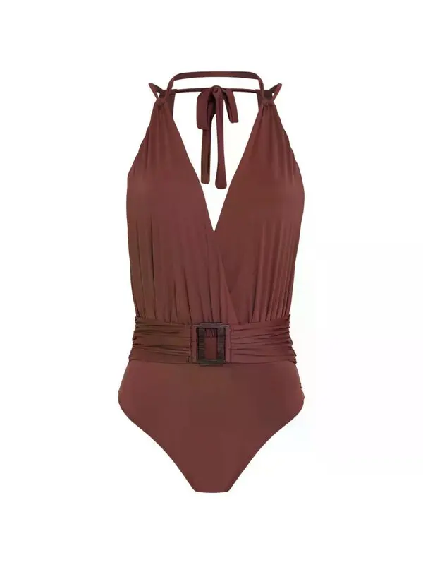 BRIGITTE Belted V-neck One Piece Swimsuit - Brown