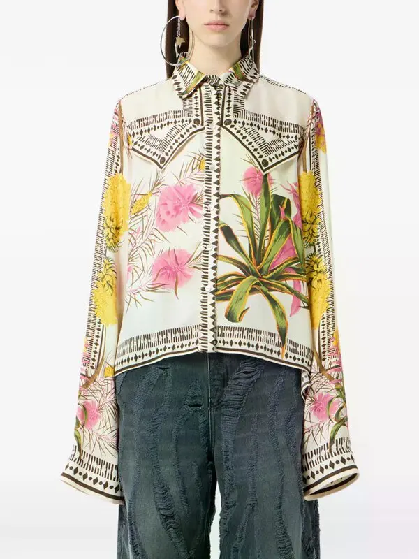 Blumarine Floral Print Twill Top - Neutrals