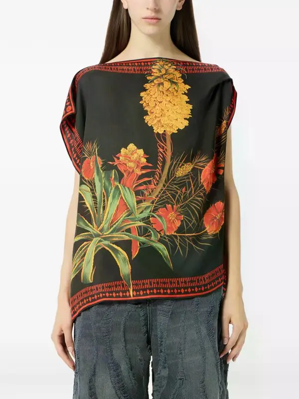 Blumarine Floral Print Twill Top - Black