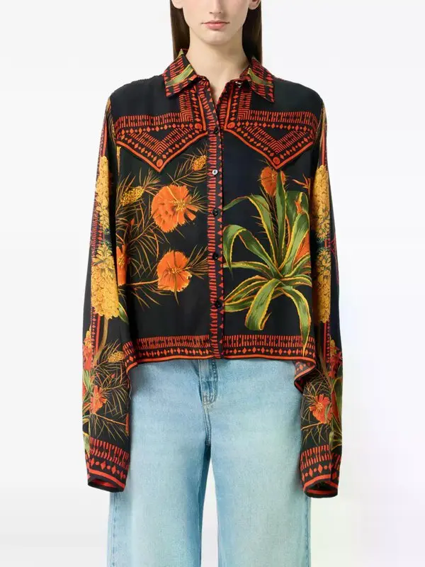 Blumarine Floral Print Twill Shirt - Black