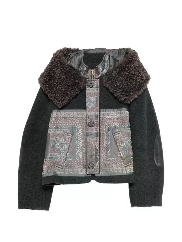 HUI MILANO Fur-collar Patterned Jacket - Grey