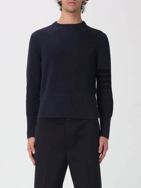 Thom Browne Ribbed Sweater With Signature Stripes - Blue