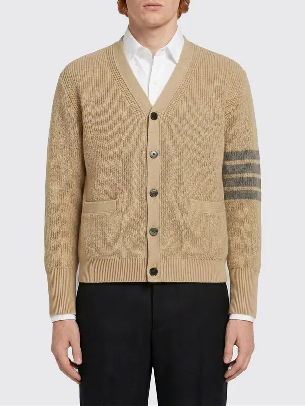 Thom Browne Ribbed Cardigan With Four Bar Detail - Beige